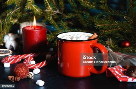마시멜로 양초 사탕수수 전나무 가지 핫 초콜릿 커피가 있는 뜨거운 크리스마스 음료 1잔 0명에 대한 스톡 사진 및 기타 이미지 Istock