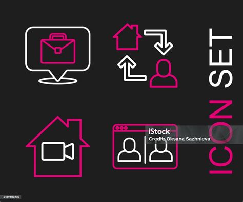 회선 화상 채팅 회의 집에서 카메라 끄기 온라인 작업 및 아이콘을 설정합니다 벡터 Brand Name Online Messaging Platform에 대한 스톡 벡터 아트