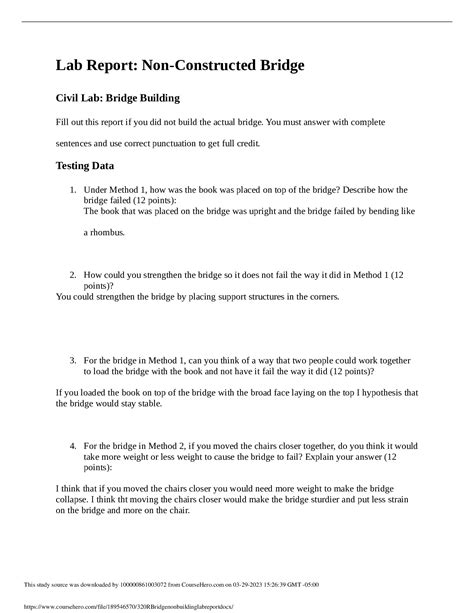 CIVIL ENGINEERING Lab Report Non Constructed Bridge Liberty University Online Academy