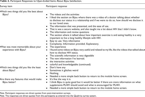 Participant Responses To Open Ended Items About Bijou Satisfaction