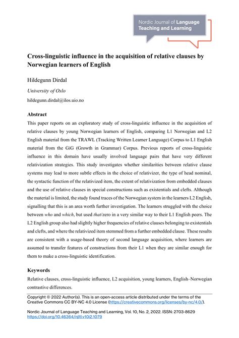 Pdf Cross Linguistic Influence In The Acquisition Of Relative Clauses By Norwegian Learners Of