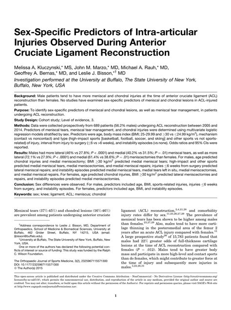 Pdf Sex Specific Predictors Of Intra Articular Injuries Observed During Anterior Cruciate