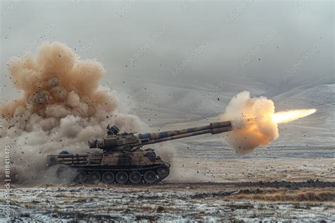 Field Artillery Howitzer Firing High Explosive Shells At Distant