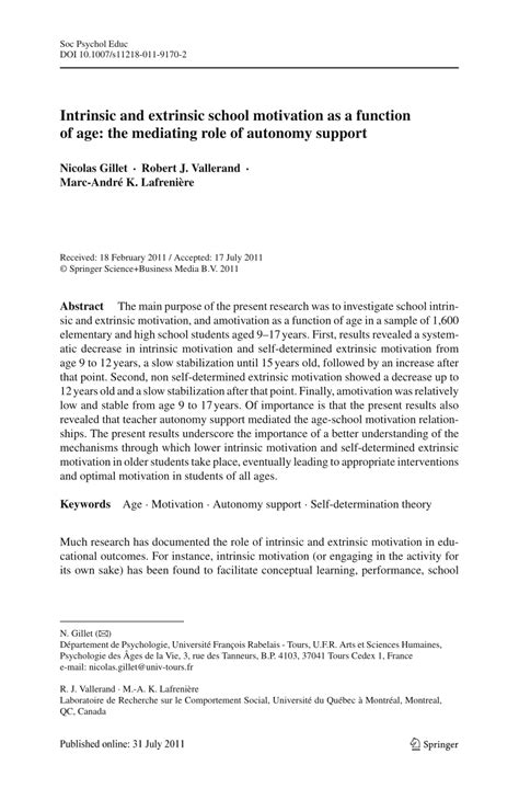Pdf Intrinsic And Extrinsic School Motivation As A Function Of Age