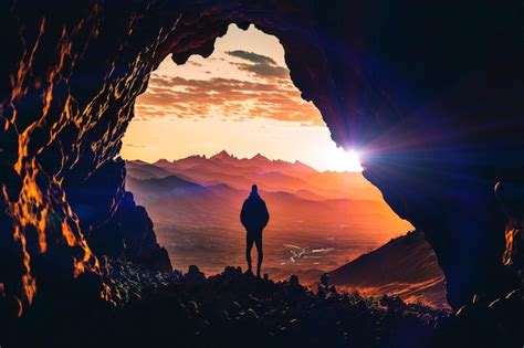 Premium Photo Orange Sunsetman Standing On A Rock Looking Straight