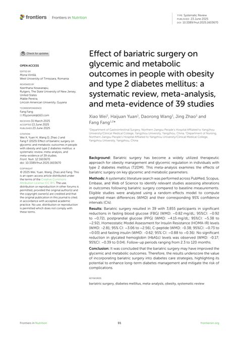 Pdf Effect Of Bariatric Surgery On Glycemic And Metabolic Outcomes In People With Obesity And