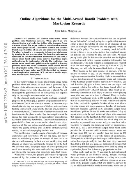 Pdf Online Algorithms For The Multi Armed Bandit Problem With Markovian Rewards