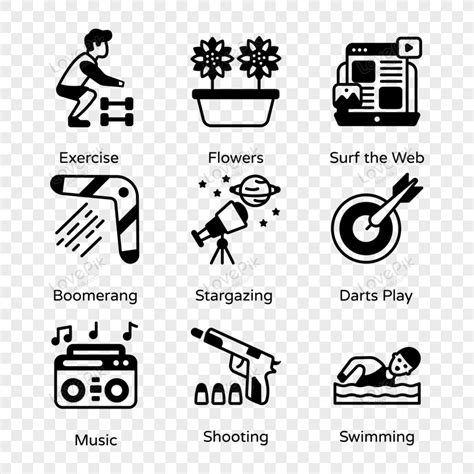 Solid Vector Icons Of Hobbies And Entertainment Exercise Flowers Surf The Web Png Image Image