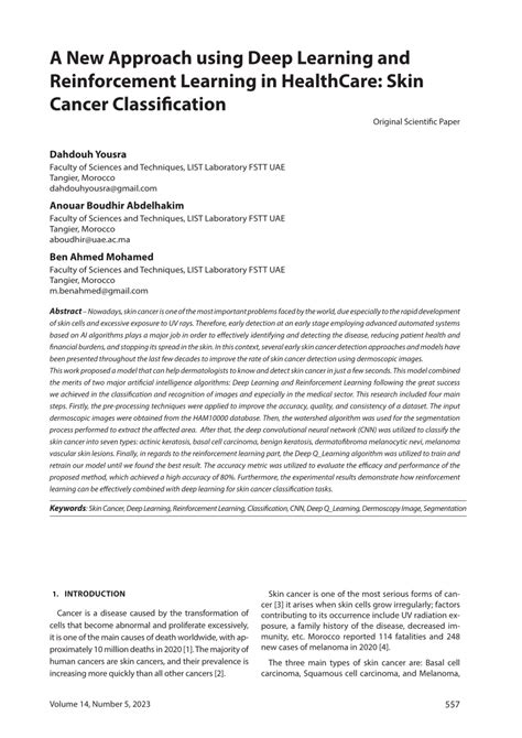 Pdf A New Approach Using Deep Learning And Reinforcement Learning In Healthcare Skin Cancer