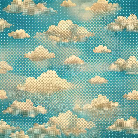 Retro Sky Pattern On Old Paper Texture Raster Halftone Vintage Clouds