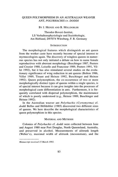 Pdf Queen Polymorphism In An Australian Weaver Ant Polyrhachis Cf Doddi