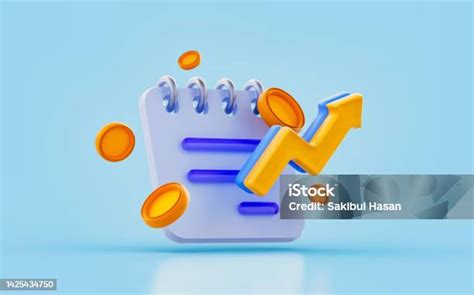 달러 동전 차트 위쪽 화살표 기호가있는 메모장 3d 렌더링 개념 동전에 대한 스톡 사진 및 기타 이미지 동전 3차원 형태