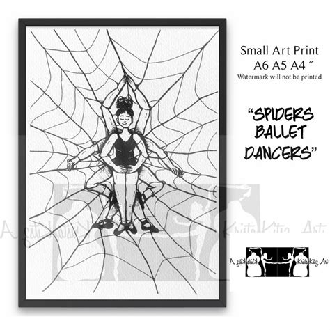 Spider Web Dancers Print Ink Drawing Black White Hand Drawn Postcard Greeting Card Small Poster
