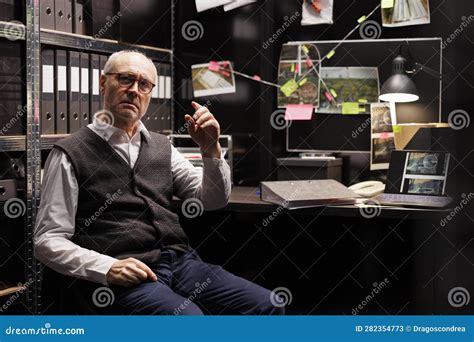 Pov Of Elderly Police Officer Talking With Remote Inspector Stock Image