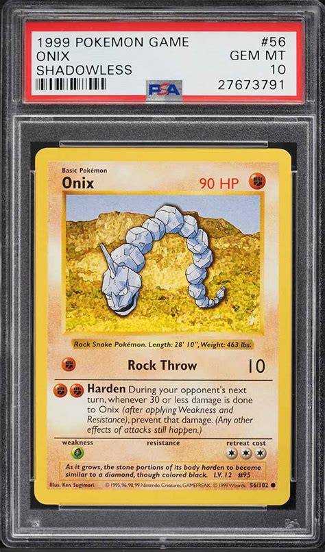 1999 Pokemon Base Set Shadowless Onix 56 Psa 10 Gem Mint Lowpopping
