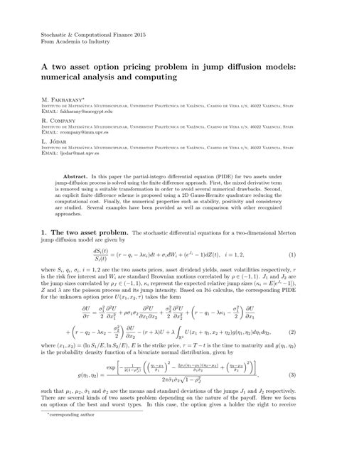 Pdf A Two Asset Option Pricing Problem In Jump Diffusion Models Numerical Analysis And Computing