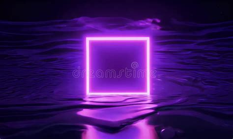 Floating Purple Neon Square Over A Reflective Liquid Like Surface With Pulsating Space