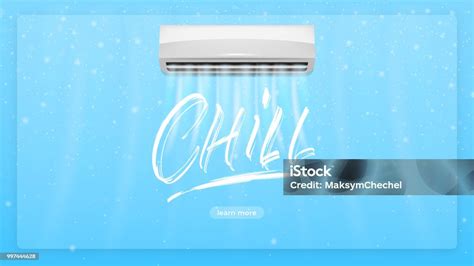 에 어 컨디셔너 개념 그림입니다 진정 차가운 공기 흐름 바람과 함께 글자 텍스트와 Realistick 컨디셔너 에어컨 영웅