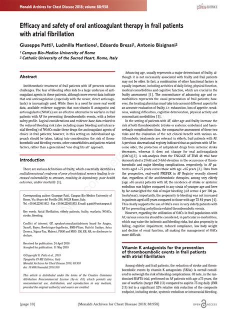 Pdf Efficacy And Safety Of Oral Anticoagulant Therapy In Frail