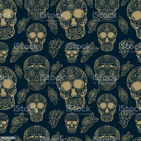 흰색 배경에 고립 된 설탕 두개골과 완벽 한 패턴입니다 벡터 일러스트 레이 션 두개골에 대한 스톡 벡터 아트 및 기타 이미지