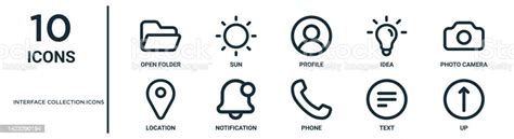 인터페이스 Collectionicons 개요 아이콘 세트에는 얇은 줄 열기 폴더 프로필 사진 카메라 알림 텍스트 위로 보고서 프리젠 테이션 다이어그램 웹 디자인을위한 위치