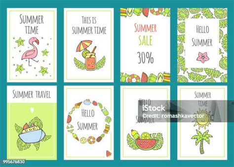 여름 세트 귀여운 손으로 그린 디자인 요소 손으로 쓴 글자와 텍스처 판매 배너 서식 파일입니다 웹 디자인을 위한 벡터 일러스트입니다 여름입니다 개념에 대한 스톡 벡터 아트