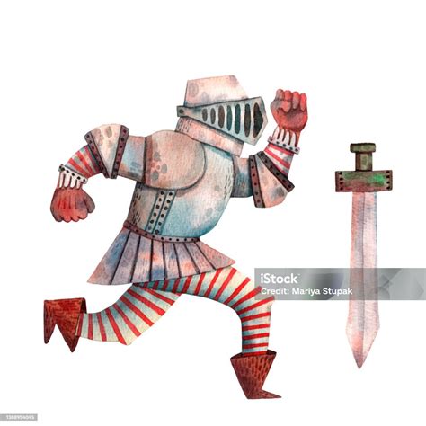 수채화 무장 기사 귀여운 손으로 그린 카드 헬멧 방패 및 칼 중세 군사 성기사 동화 만화 캐릭터 명예 실버 군인 유럽 왕국의