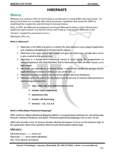 sathish sir hibernate notes naresh i technologies pdf pdf object relational mapping
