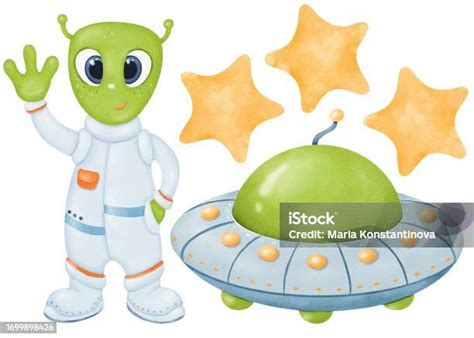 공간 설정 초록색 귀여운 외계인이 손을 흔든다 외계인 우주선 만화 Ufo 세 개의 노란색 별 수채화 격리 된 개체입니다 만화
