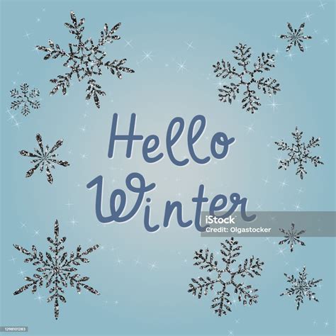 안녕하세요 겨울 텍스트 반짝이는 눈송이가 있는 블루 벡터 홀리데이 인사말 카드 12월에 대한 스톡 벡터 아트 및 기타 이미지 12월 1월 2월 Istock