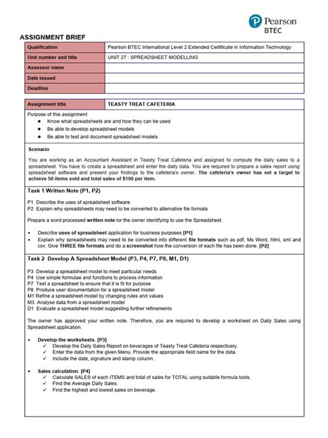 2023 Unit 27 Assignment Brief Pdf Spreadsheet Software Engineering