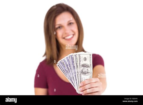 Festive Brunette In Dress Showing Her Cash Stock Photo Alamy
