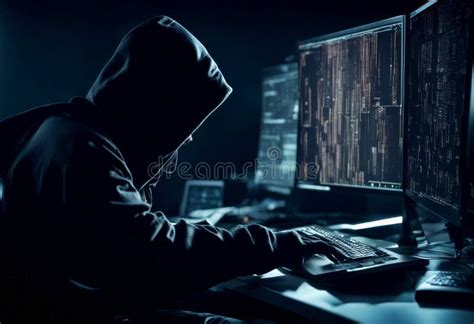 Computer Hacker Working Cybercrime Concept Darkroom Security Hooded