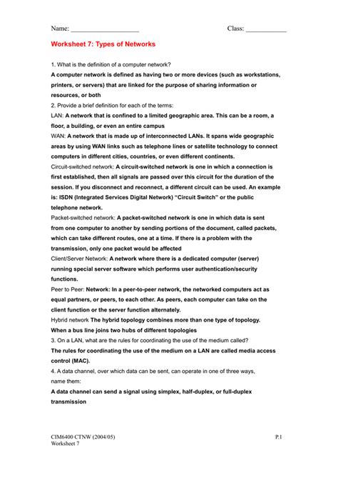 Name Class Worksheet 7 Types Of Networks