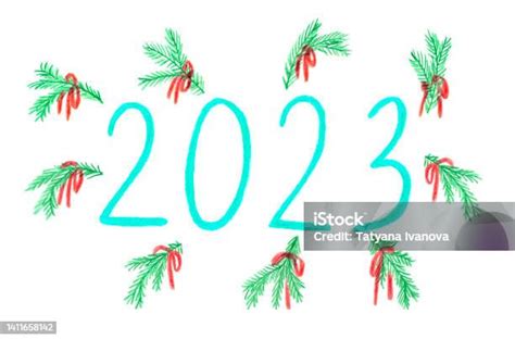 흰색 배경에 고립 된 색연필로 손으로 그린 전나무 가지가있는 2023 년 새해 그림 0명에 대한 스톡 벡터 아트 및 기타 이미지 0명 2023년 가문비나무 Istock