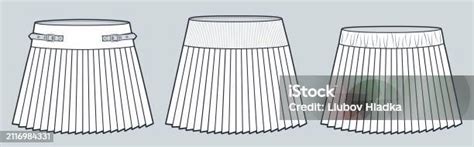 주름 치마 테크니컬 패션 일러스트레이션입니다 미니 스커트 패션 플랫 기술 도면 템플릿 버클 늑골이있는 허리띠 정면도 화이트 여성 Cad 모형 세트 0명에 대한 스톡 벡터