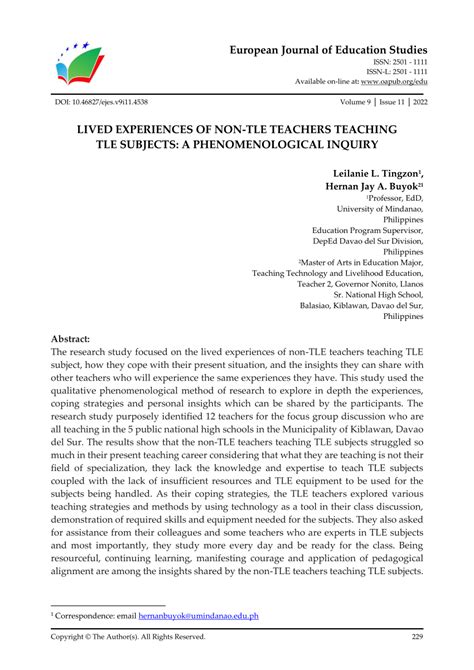 Pdf Lived Experiences Of Non Tle Teachers Teaching Tle Subjects A Phenomenological Inquiry