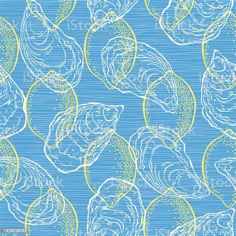 파란색 질감 배경에 레몬이있는 굴 원활한 벡터 패턴 음식 벡터 일러스트 레이 션 손으로 그린 이미지 벽지 포장 직물 및 섬유에 적합합니다 굴에 대한 스톡 벡터 아트 및 기타