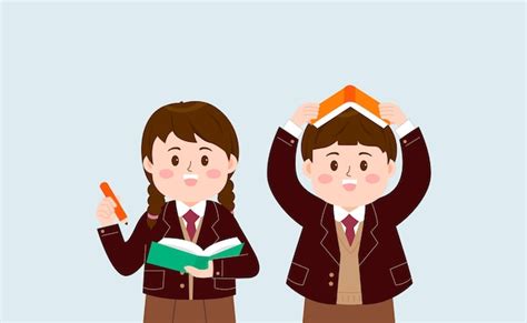 교복을 입은 소년과 소녀 프리미엄 벡터