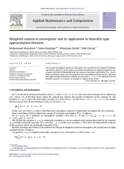 Pdf Weighted Statistical Convergence And Its Application To Korovkin Type Approximation Theorem