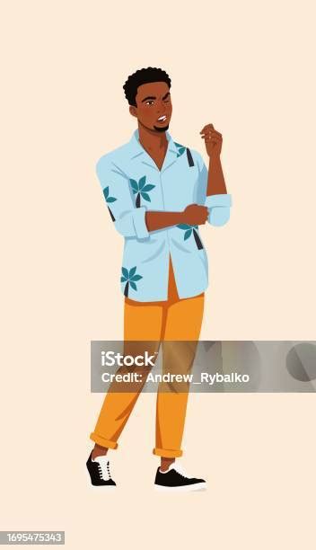 하와이 여름 셔츠를 입은 아프리카계 미국인 남자가 서서 생각하고 있다 남자에 대한 스톡 벡터 아트 및 기타 이미지 남자 눈