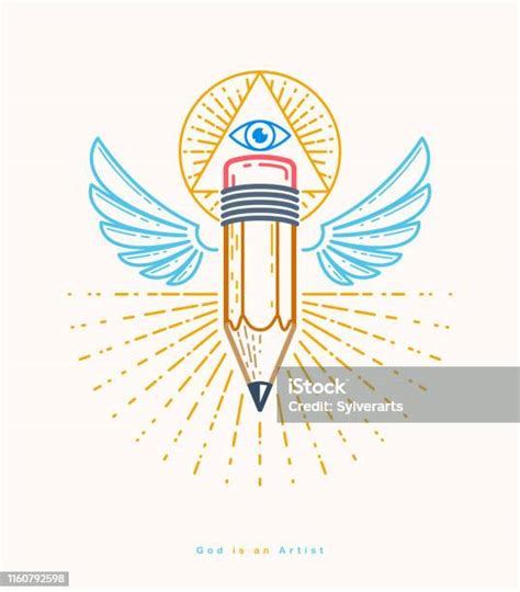 하나님은 디자이너 개념 날개와 신성한 기하학 삼각형에 하나님의 모든보고 눈을 가진 연필 하나님은 유행 선형 스타일의 예술가 벡터 로고 또는 아이콘입니다 Freemasons에