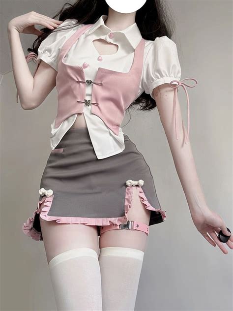 Evelyn Pastel Pink 3 Piece Set Puff Blouse Kawaii Vest Mini Skirt