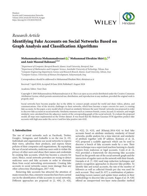Pdf Identifying Fake Accounts On Social Networks Based On Graph Analysis And Classification