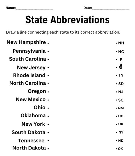 List Of Us State Abbreviations Worksheet State Abbreviation Matching