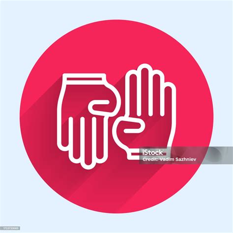 긴 그림자로 격리 된 흰색 라인 고무 장갑 아이콘 라텍스 손 보호 표지판 집안일 청소 장비 기호 빨간색 원 버튼입니다 벡터 가사 집안일에 대한 스톡 벡터 아트 및 기타