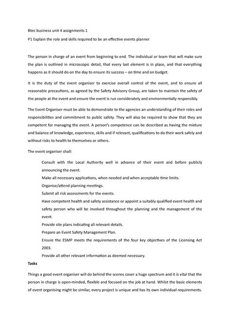Unit 4 Event Management Btec Business Unit 4 Assignments 1 P1 Explain The Role And Skills