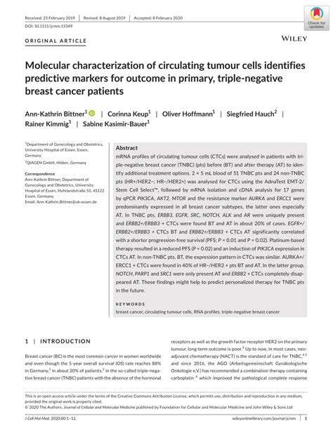 Pdf Molecular Characterization Of Circulating Tumour Cells Identifies Predictive Markers For