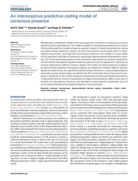 pdf an interoceptive predictive coding model of conscious presence