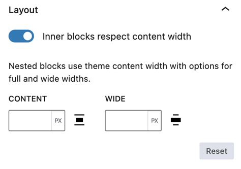 cannot apply wide or full widths to nested blocks with theme json